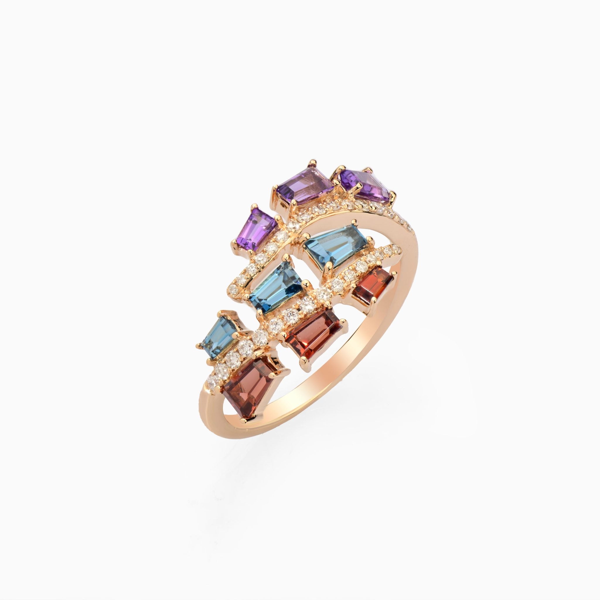 Rose Gold cocktail Ring featuring an ensemble of Amethysts, Ceylon Blue ...